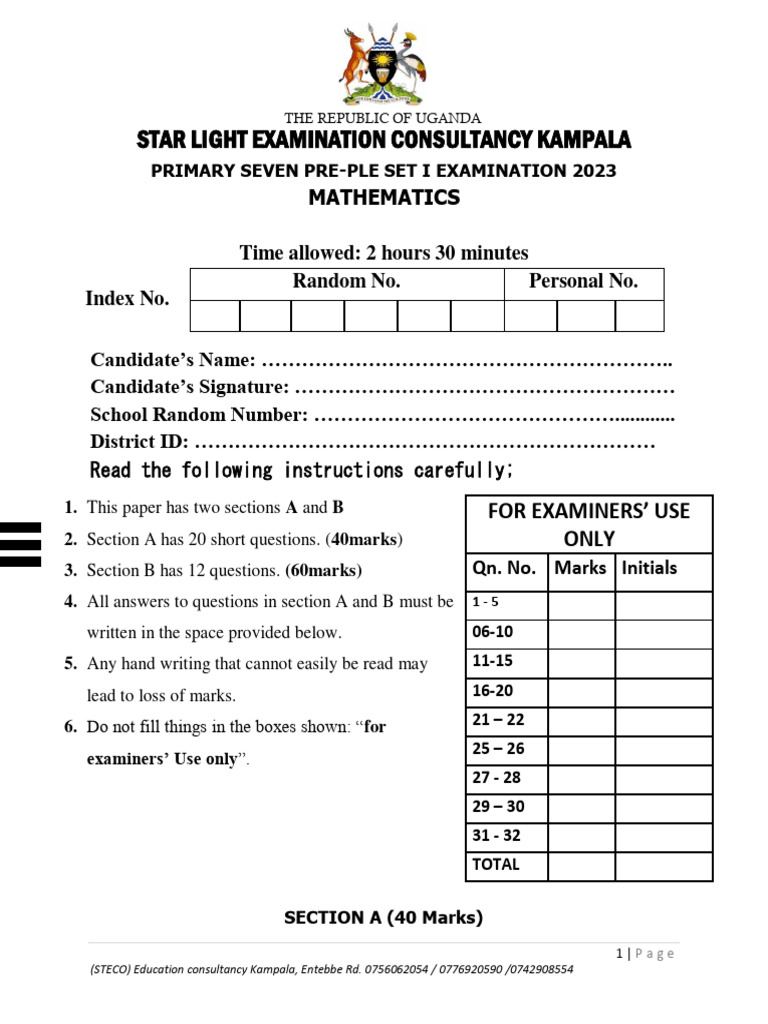 PRIMARY SEVEN PRE-PLE SET I EXAMINATION 2023 MATHEMATICS | PDF ...