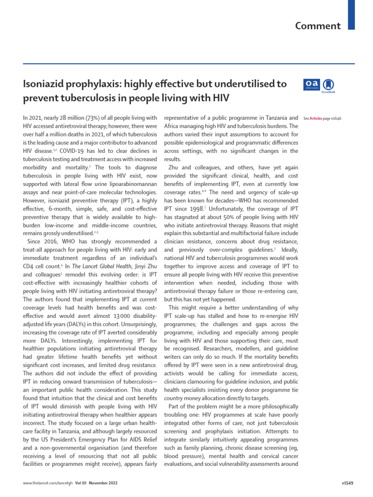 Isoniazid Prophylaxis Highly Effective But Underut | PDF | Management ...