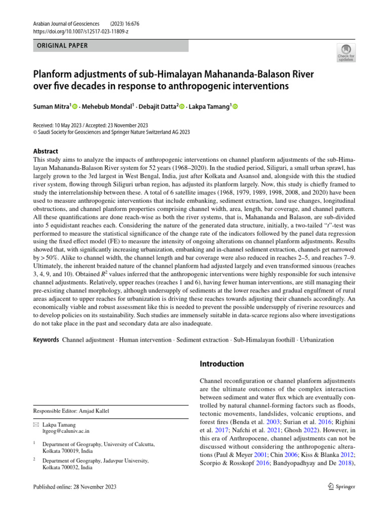 Planform Adjustments of Sub Himalayan Mahananda Balason River Over Five Decades in Response To ...