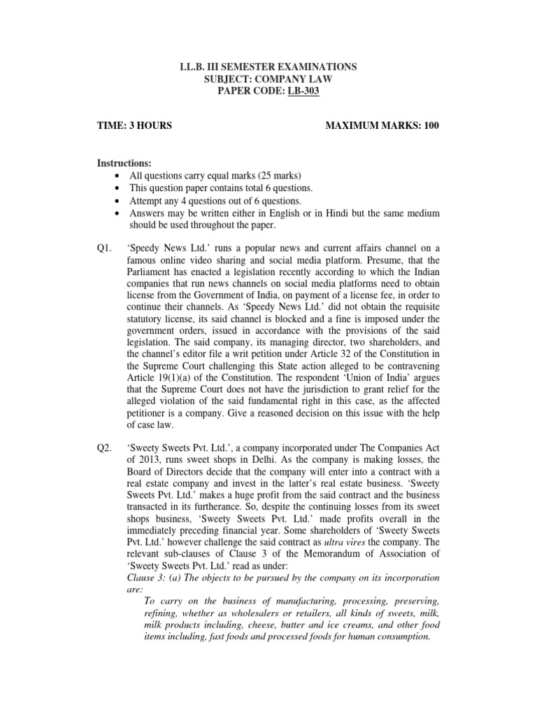 Company Law Question Paper | PDF | Corporate Social Responsibility ...