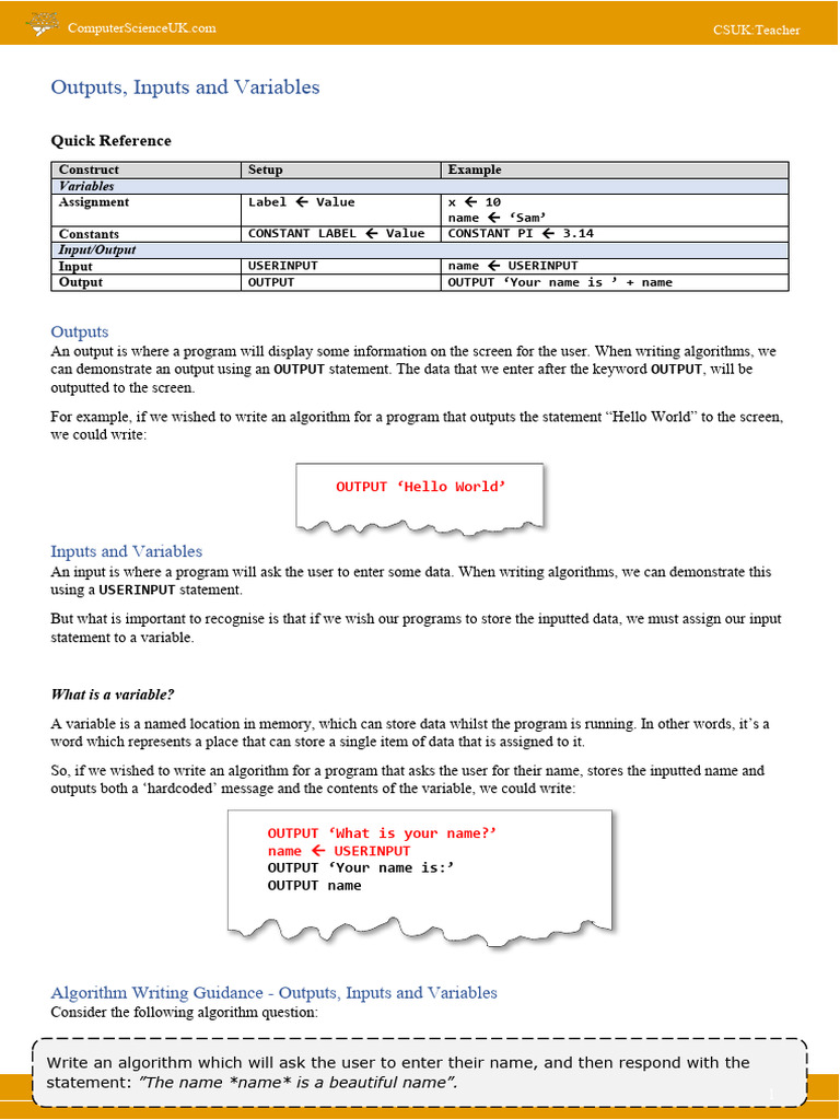 01 Outputs, Inputs and Variables | PDF | Input/Output | Programming 01 Outputs, Inputs and Variables | PDF | Input/Output | Programming