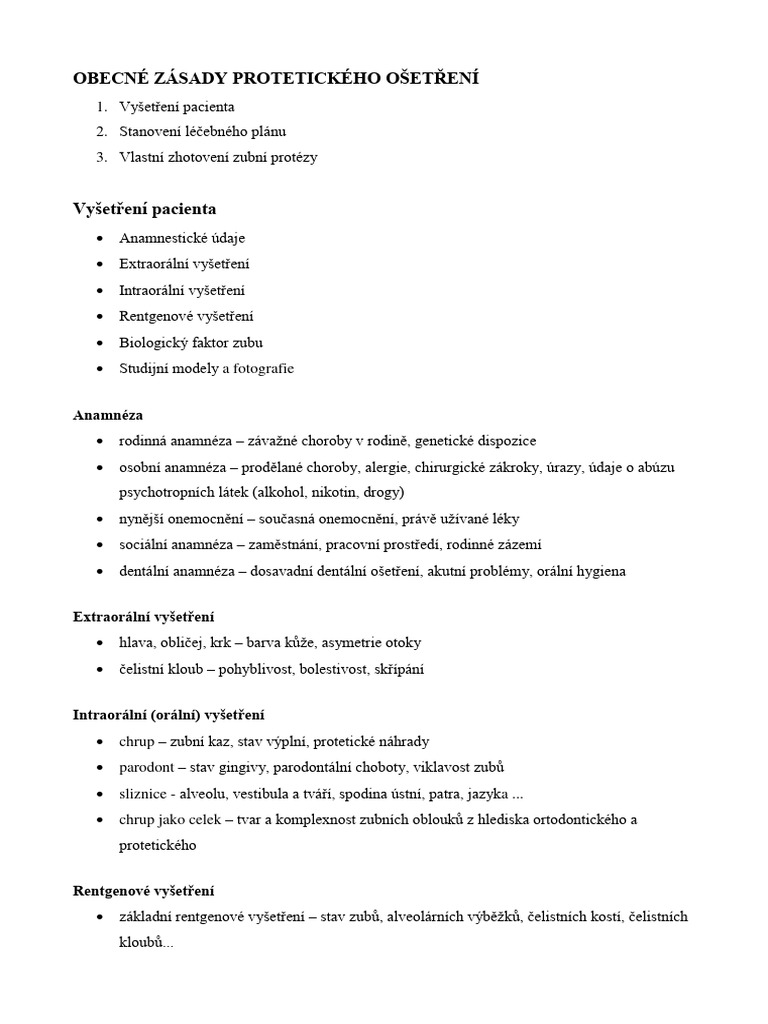SPR - 13. Obecne Zasady Protetickeho Osetreni - Vysetreni Pacienta | PDF