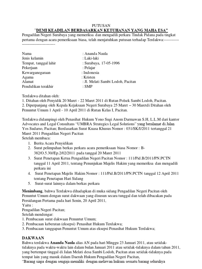 Contoh Surat Putusan Pengadilan Pidana | PDF