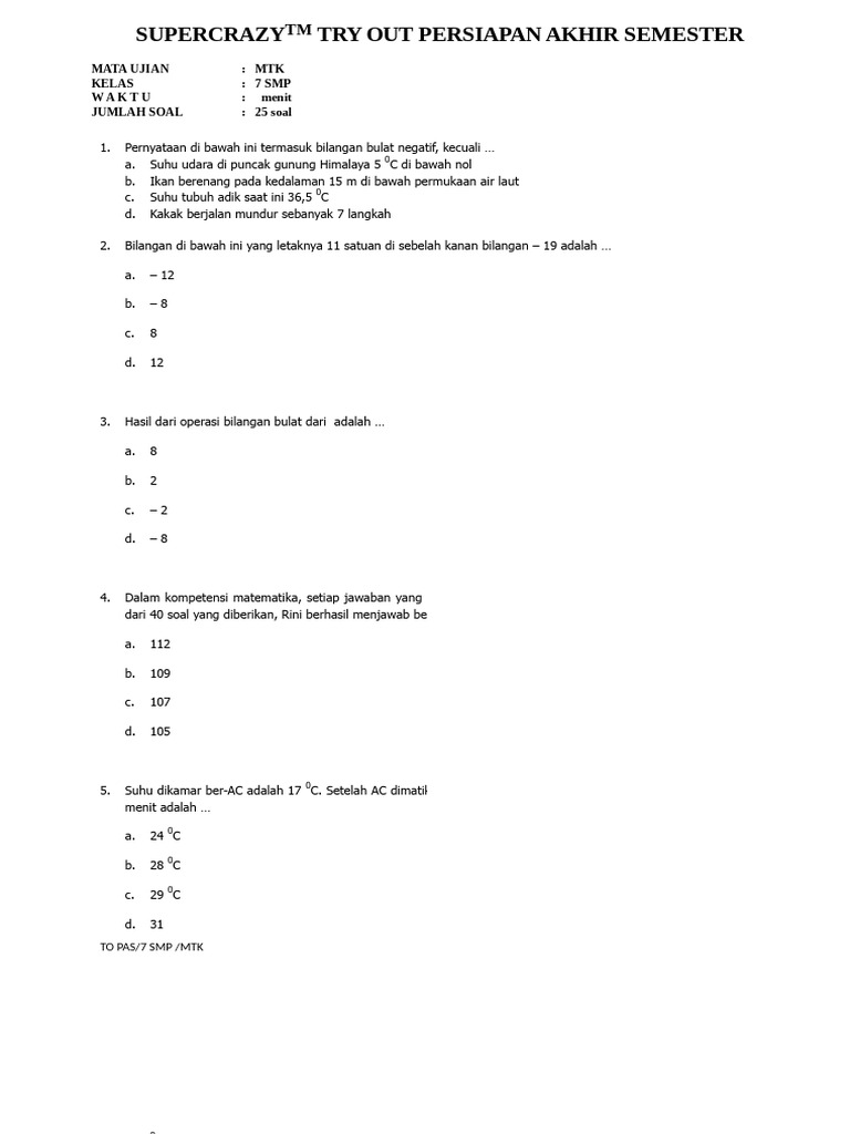 To Pas Kelas 7 MTK Ok | PDF