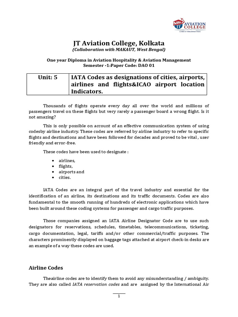 Unit -5 IATA codes | PDF | Transport Companies | Airlines