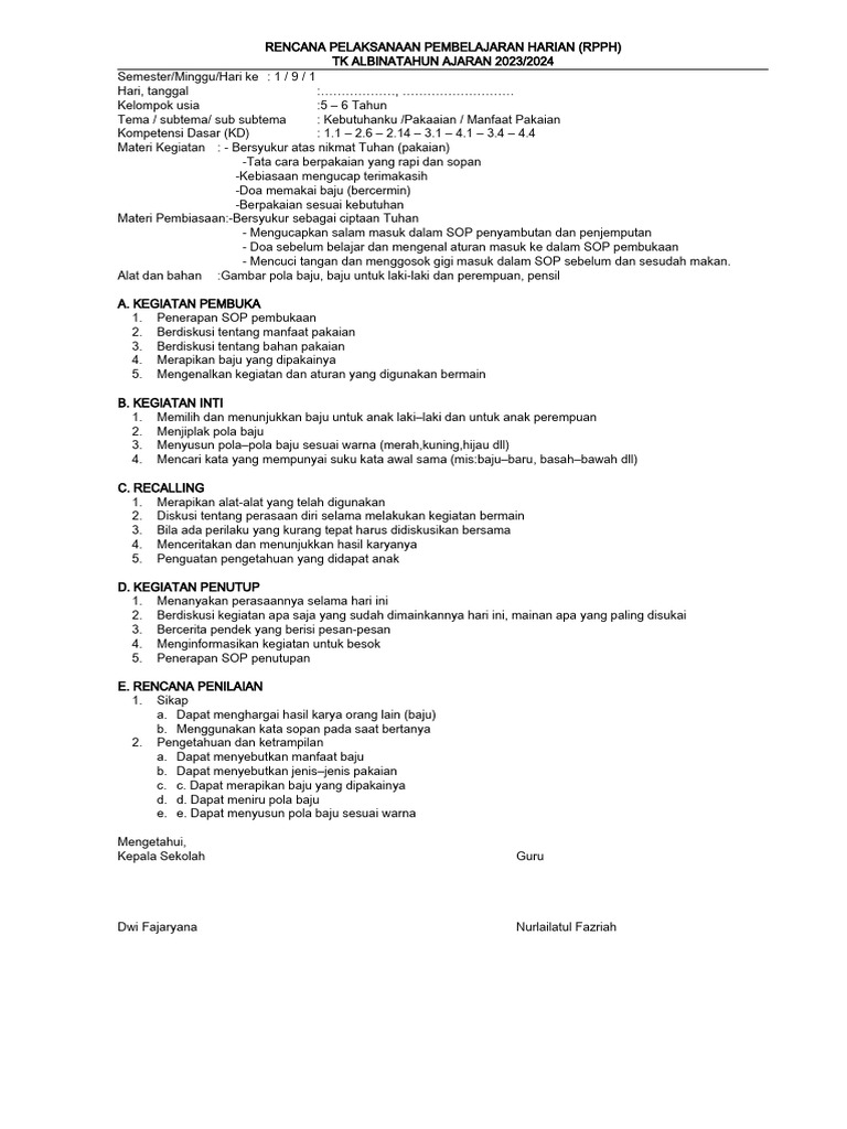 RPPH TK-B SMT1 Minggu - 09 - Pakaian | PDF