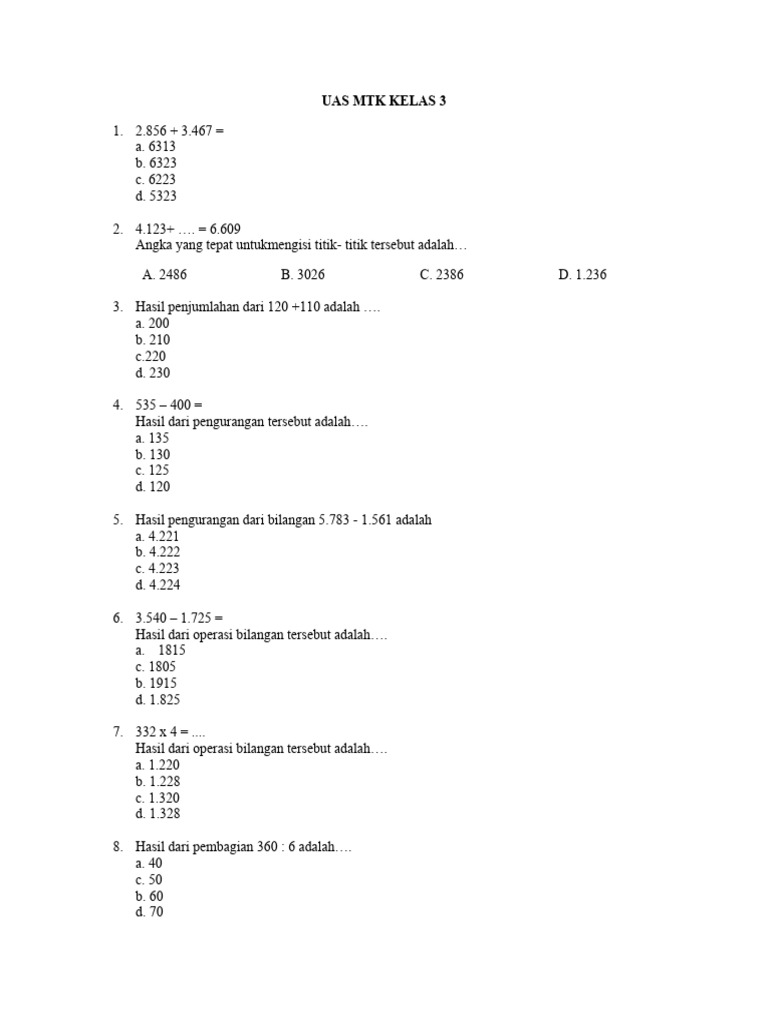Uas MTK Kelas 3 | PDF