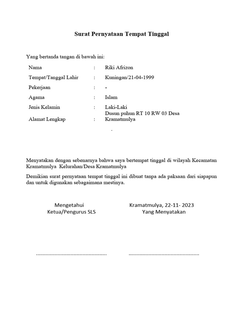 Surat Pernyataan Tempat Tinggal Domisili | PDF Surat Pernyataan Tempat Tinggal Domisili | PDF