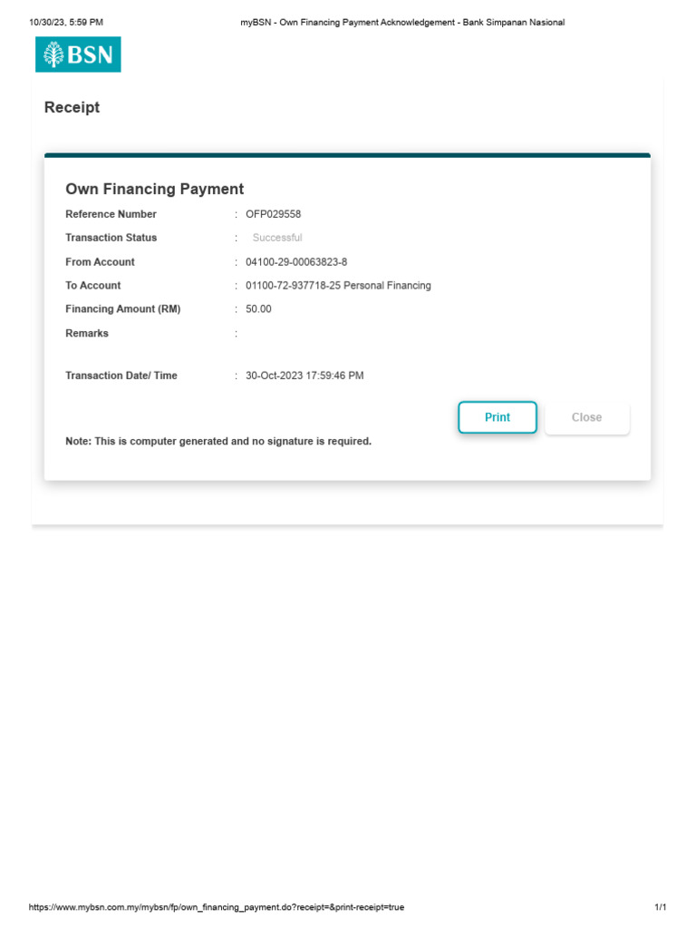 myBSN - Own Financing Payment Acknowledgement - Bank Simpanan Nasional ...