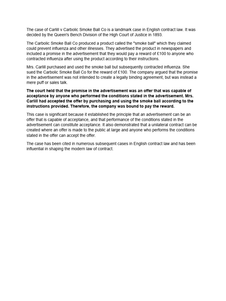 Carlill v Carbolic: Contract Law Landmark | PDF