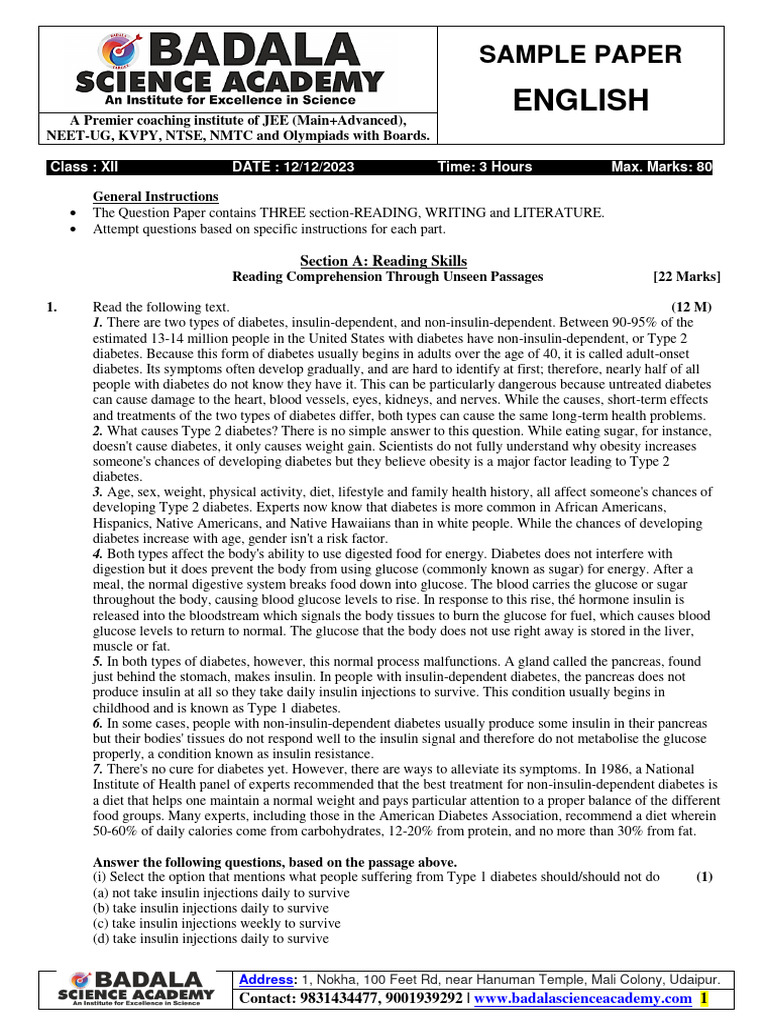 SAMPLE PAPER ENGLISH | PDF