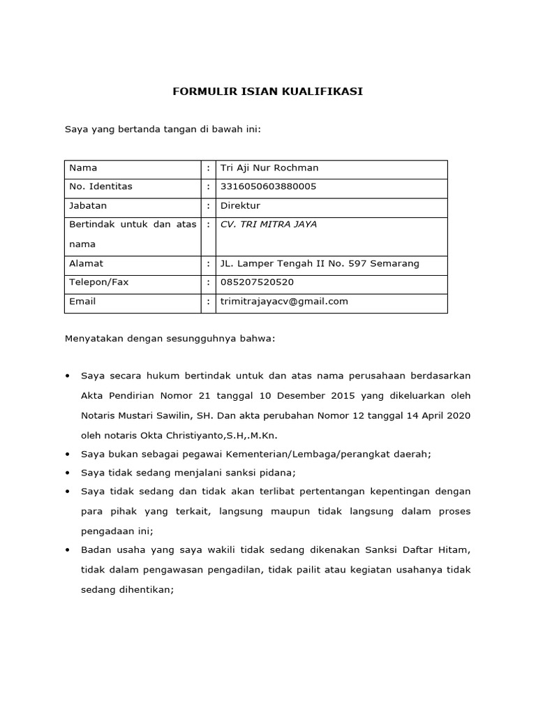 FIK (Template) CV. Tri Mitra Jaya | PDF