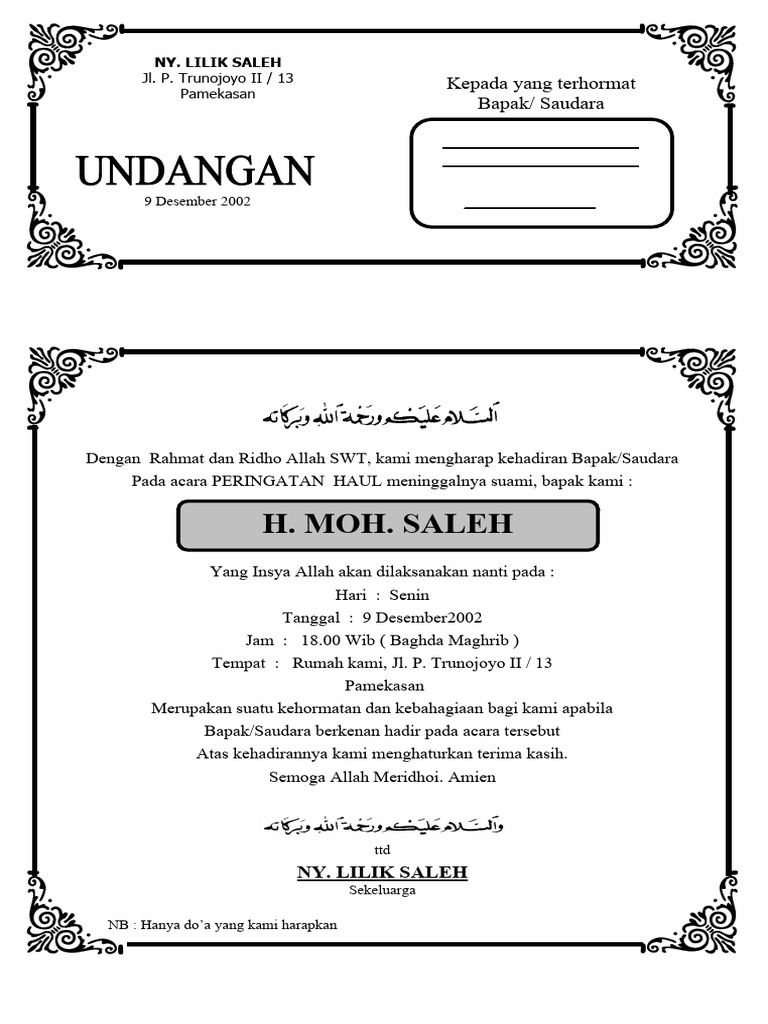 Contoh Undangan Tahlil Peringatan Haul Microsoft Word | PDF