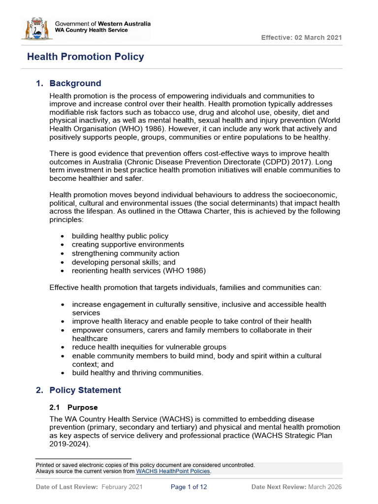 Health Promotion Policy | PDF | Health Promotion | Preventive Healthcare