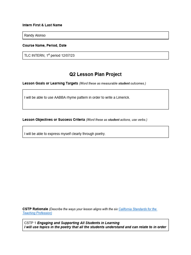 Limerick Poetry Lesson Plan | PDF | Lesson Plan | Learning