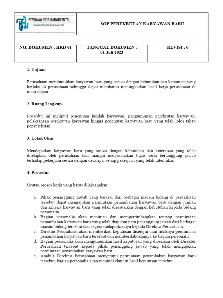 SOP Perekrutan Karyawan Baru | PDF