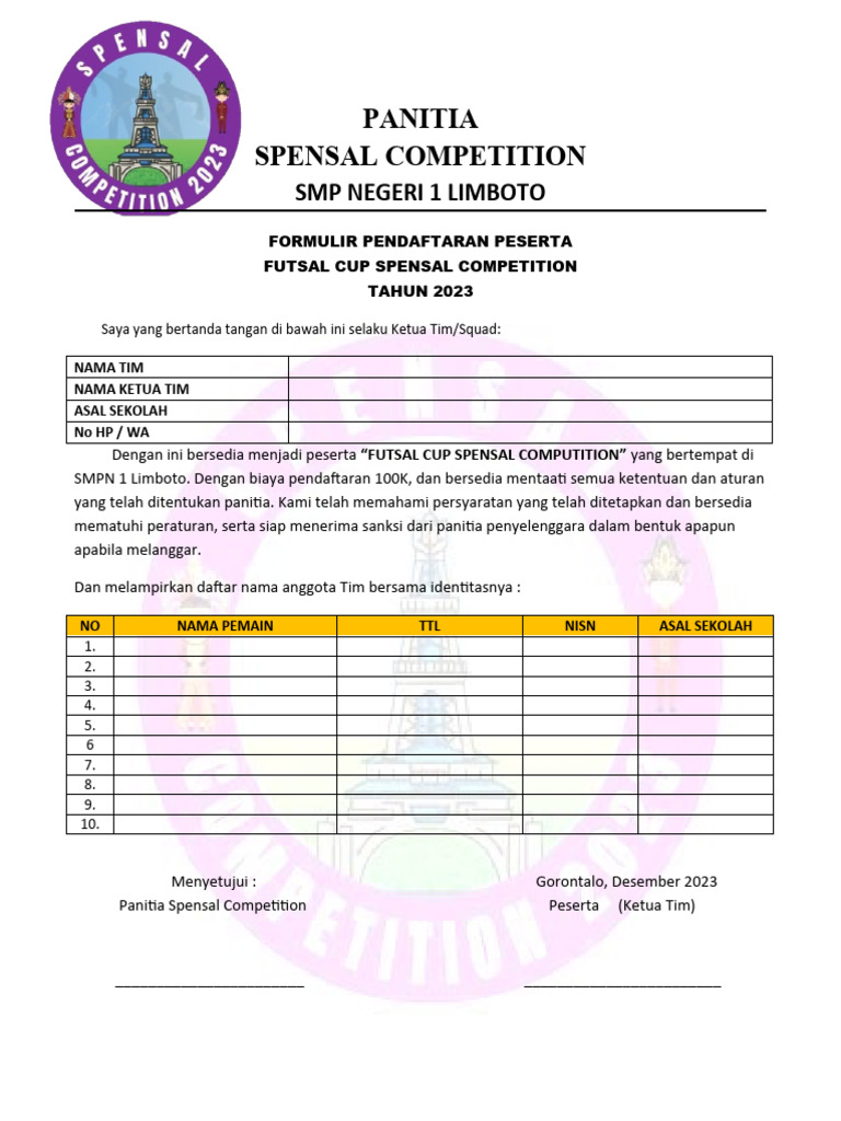 Formulir Pendaftaran Peserta Futsal | PDF