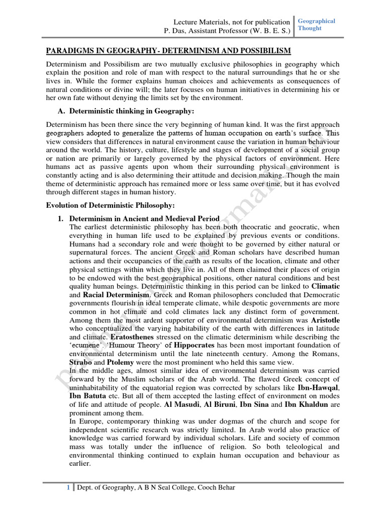 Determinism and Possibilism - Partha Das | PDF | Determinism | Geography