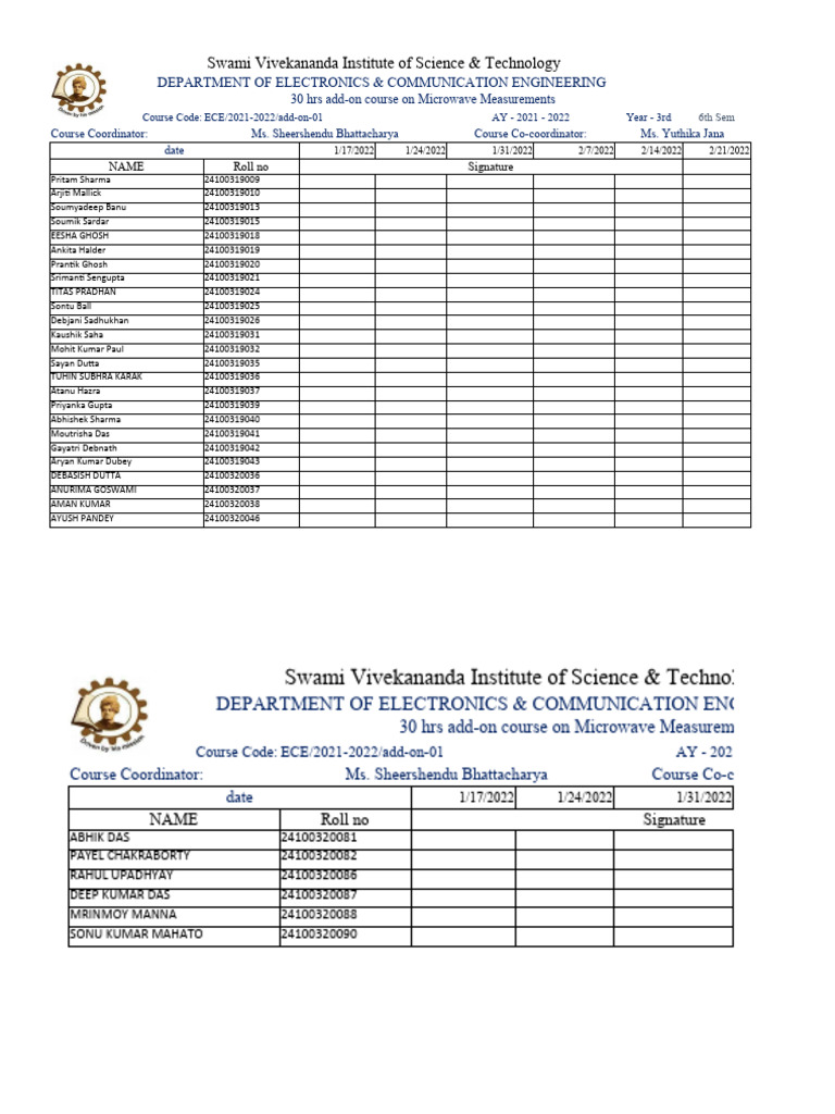 Attendance Sheet 2021 22 | PDF