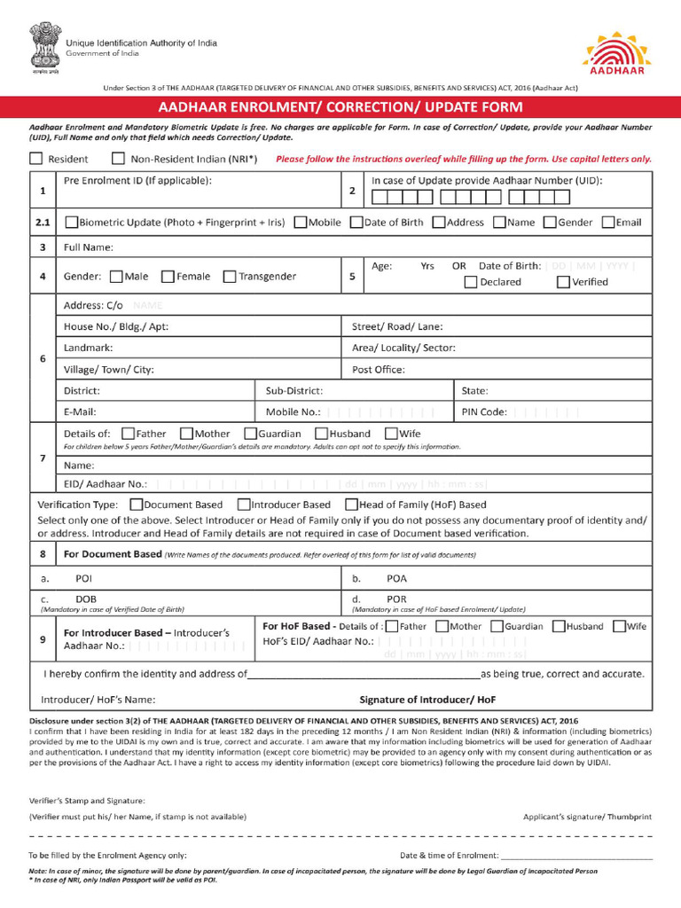 Aadhaar Enrolment Correction Form Version 2.1 | PDF