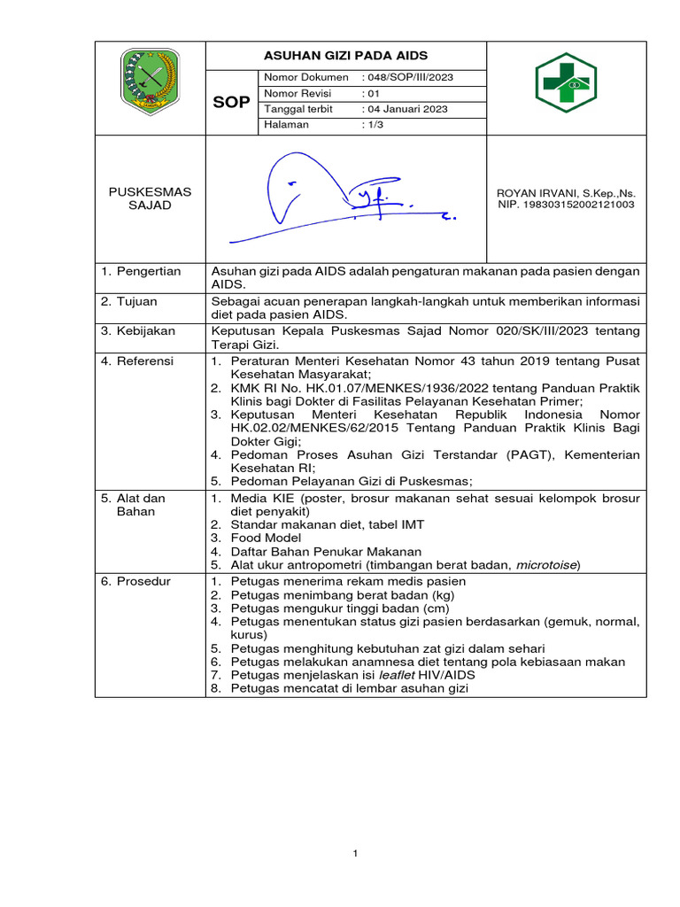 351a2 SOP Asuhan Gizi Pada AIDS | PDF | Pengembangan Diri | Sains & Matematika