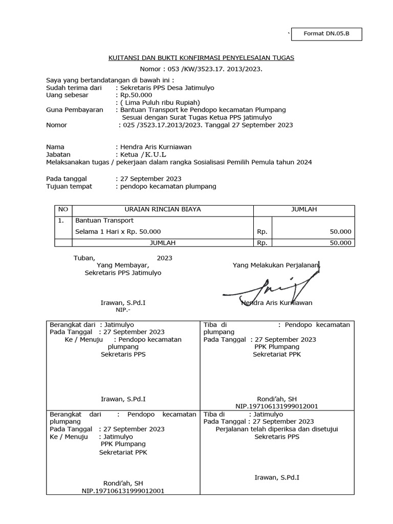 Format DN.05.B KUITANSI DAN BUKTI KONFIRMASI PENYELESAIAN TUGAS 07,21,25 | PDF