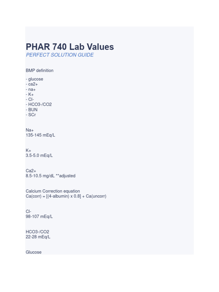 PHAR 740 Lab Values | Download Free PDF | Chemistry | Intensive Care Medicine