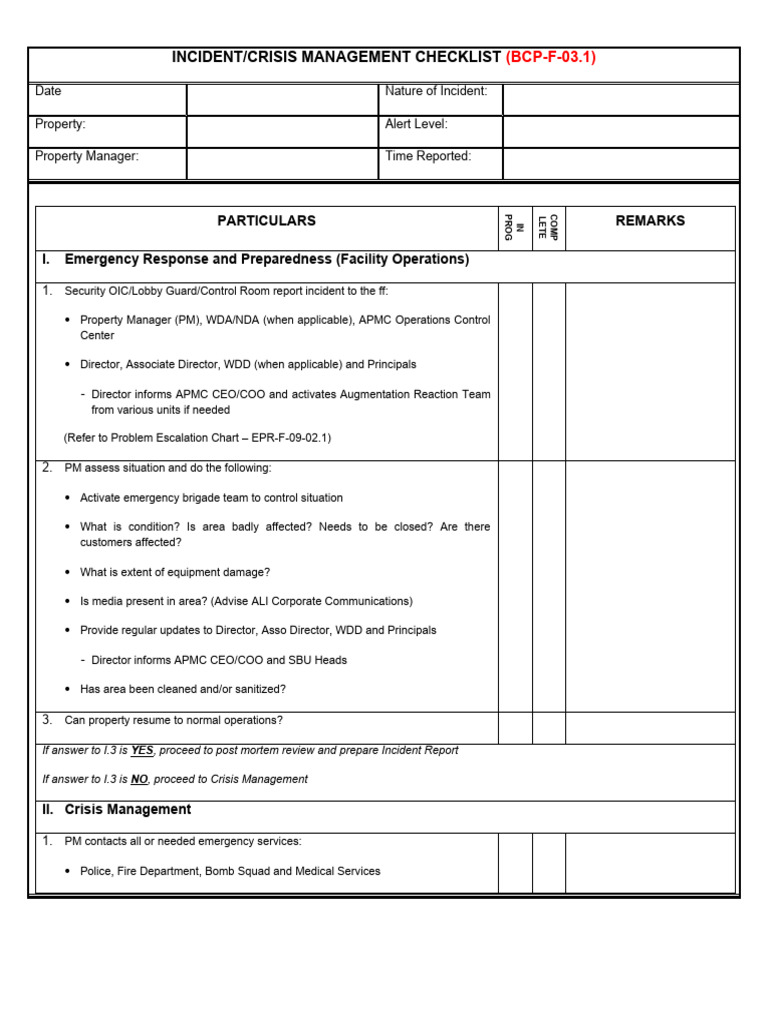 Crisis Management Checklist Template | PDF | Crisis Management ...