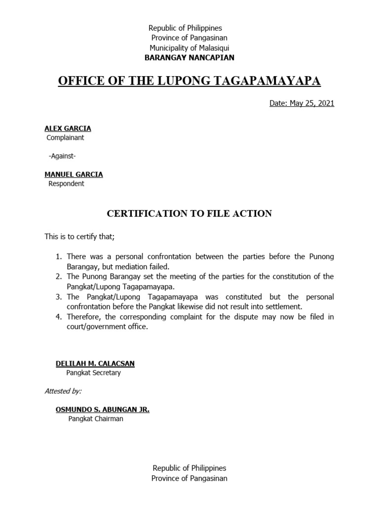 Certification To File Action | PDF