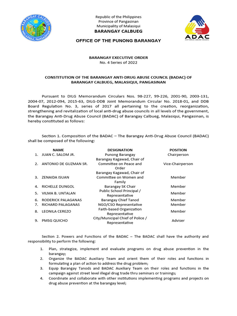 BADAC Template Executive Order | PDF | Social Aspects Of Psychoactive ...