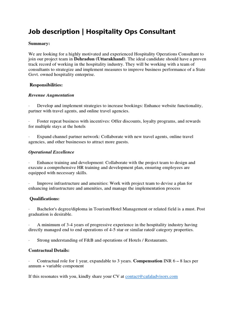JD - Hospitality Consultant - Dehradun Position - Immediate Hiring ...