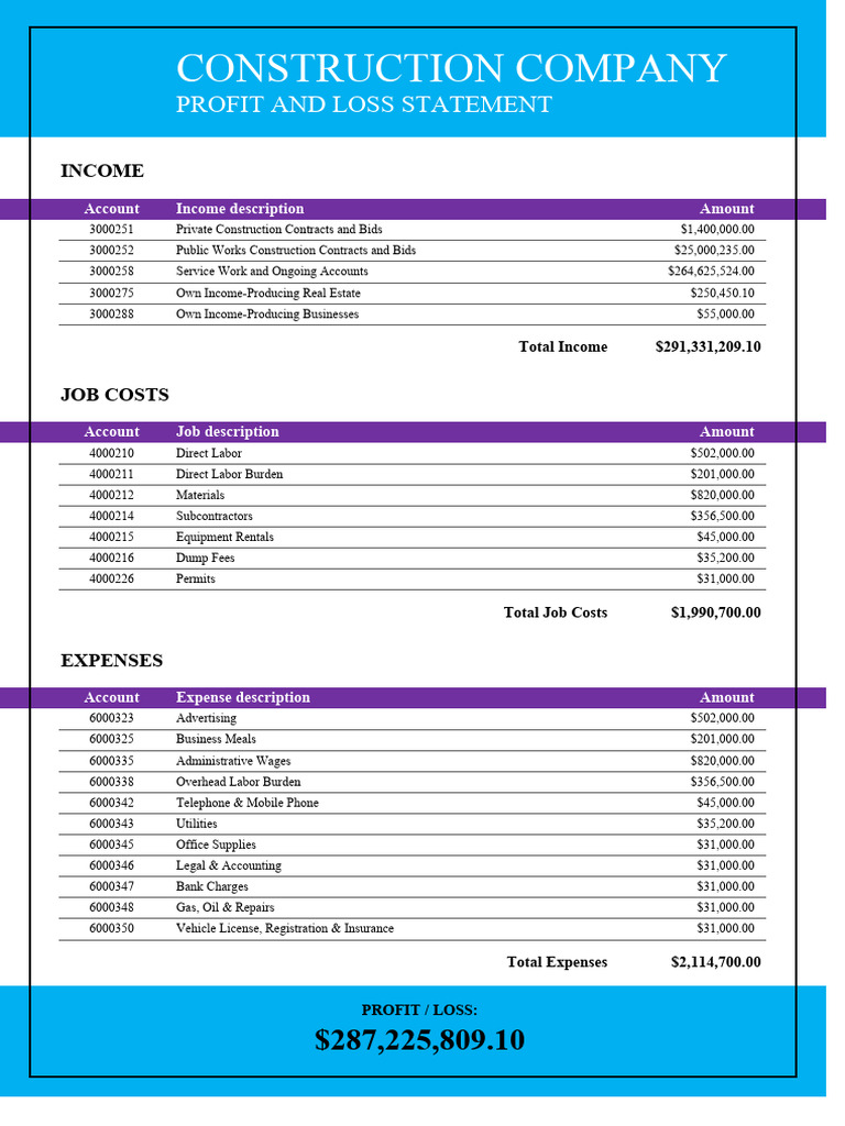 Construction Company Profit and Loss | PDF | Business | Economies