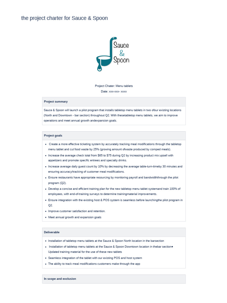 OLN-the Project Charter For Sauce & Spoon-121223-023143 | PDF | Point ...