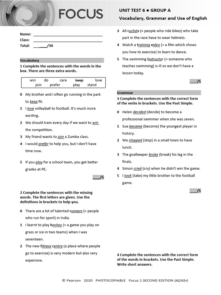 Focus1 2E Unit Test Vocabulary Grammar UoE Unit6 GroupA | PDF | Linguistics