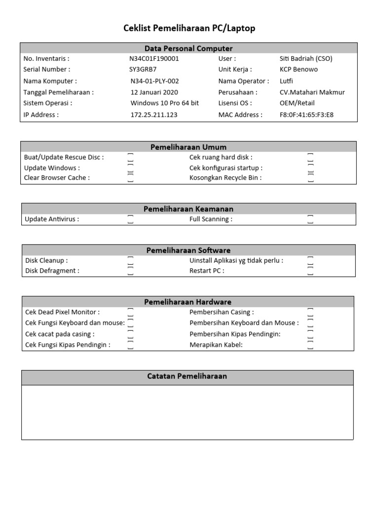 Ceklist Pemeliharaan PC dan Laptop | PDF