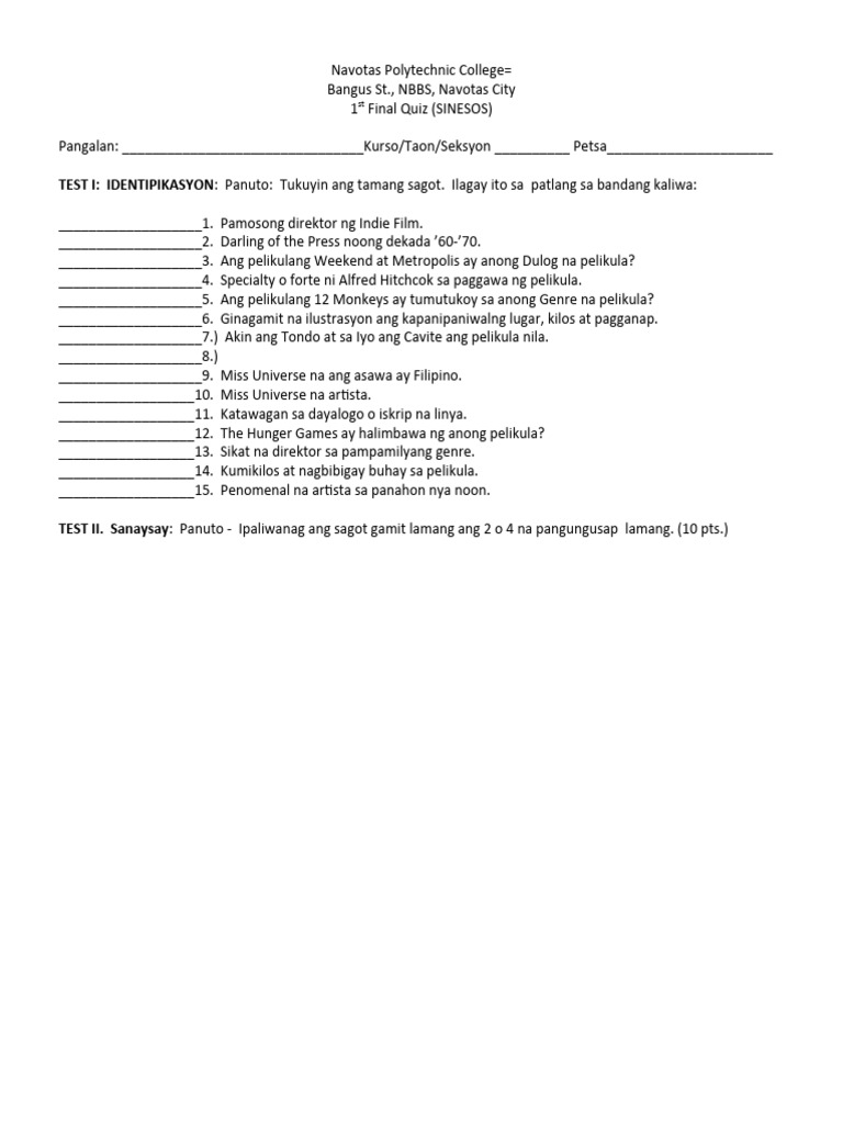 Sinesos - 1ST Final Quiz | PDF