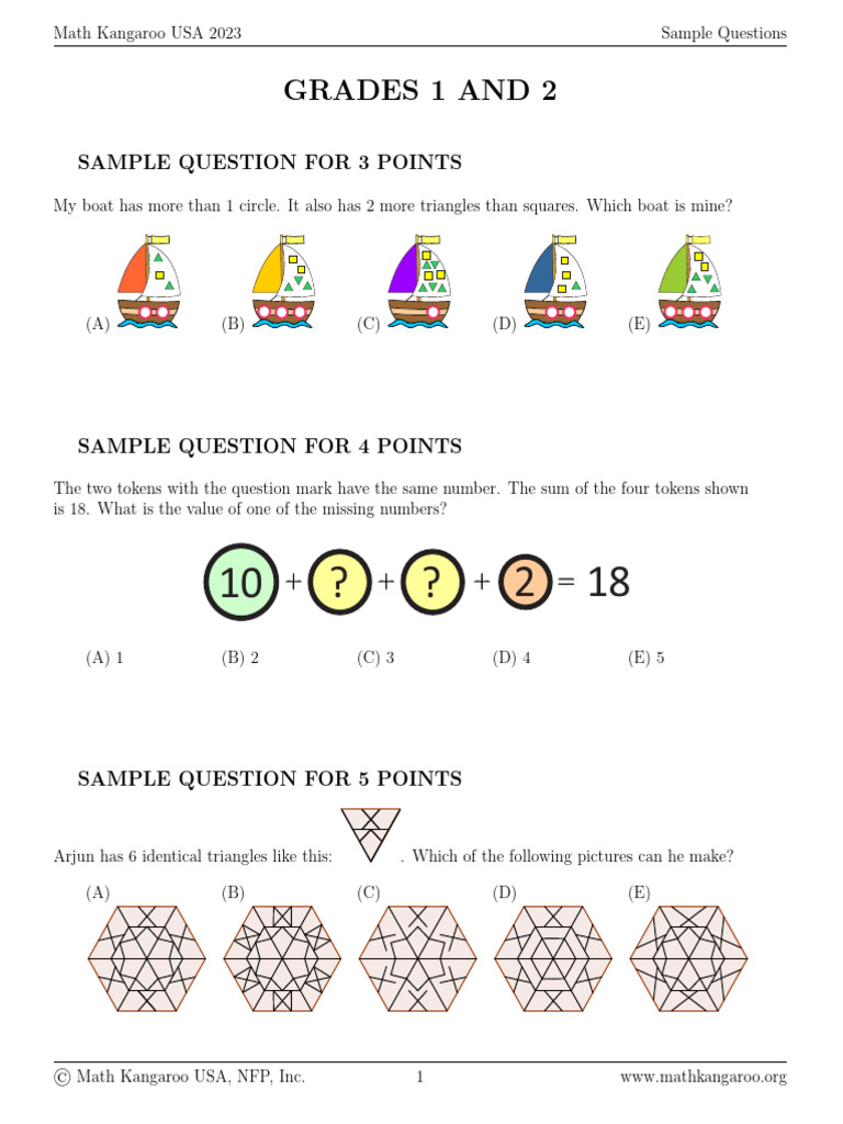Math Kangaroo USA 2023 Sample Questions | PDF | Euclidean Geometry