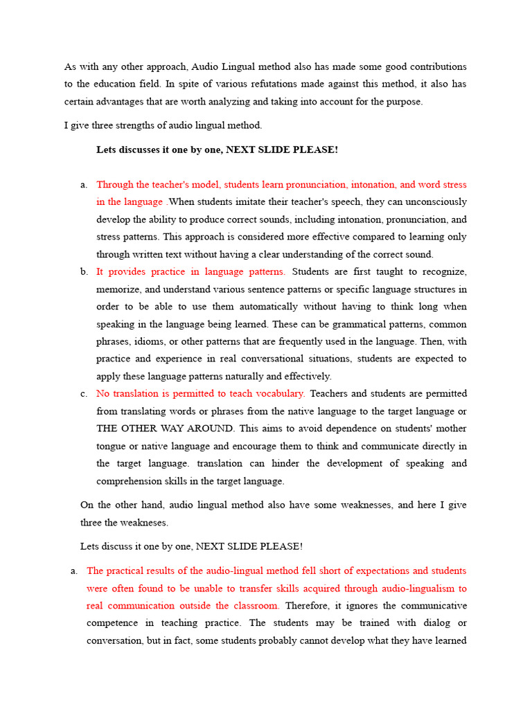 The Advantages and Disadvantages of The Audio Lingual Method | PDF ...