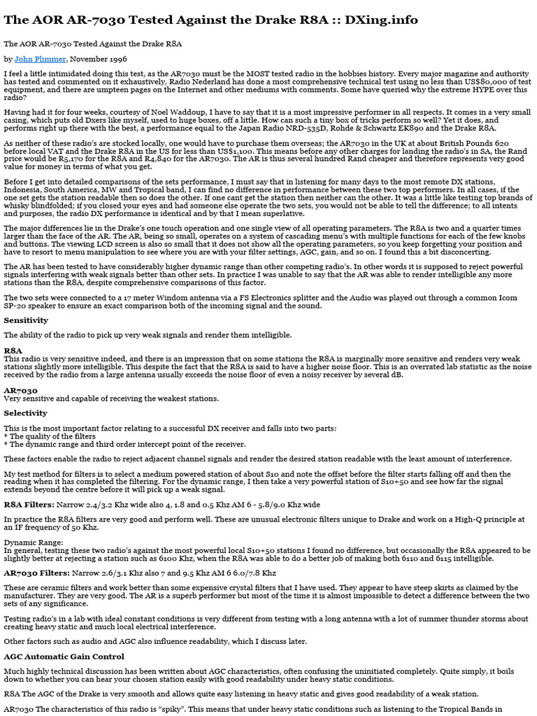 The AOR AR-7030 Tested Against The Drake R8A DXing | Download Free PDF ...