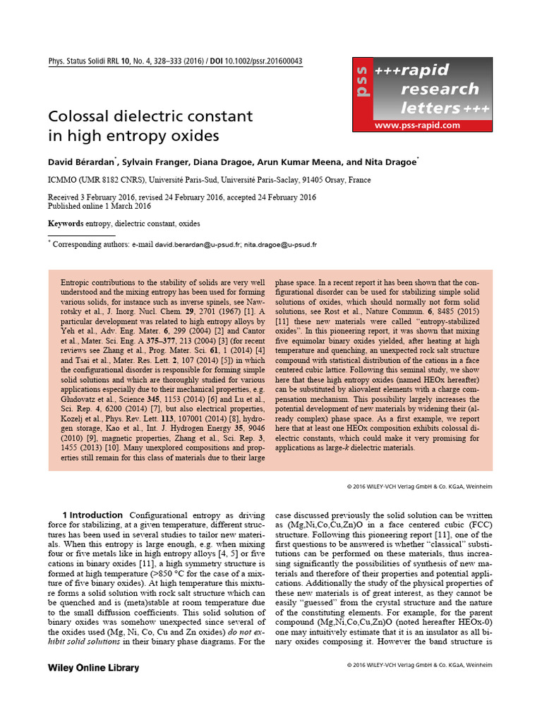Bérardan et al. - 2016 - Colossal dielectric constant in high entropy oxide | PDF | X Ray ...