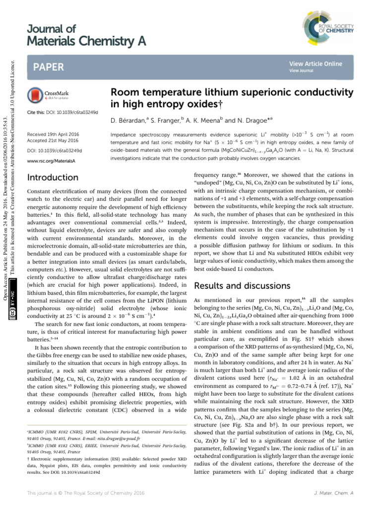 Bérardan Et Al. - 2016 - Room Temperature Lithium Superionic Conductivity I | PDF | Electrical ...
