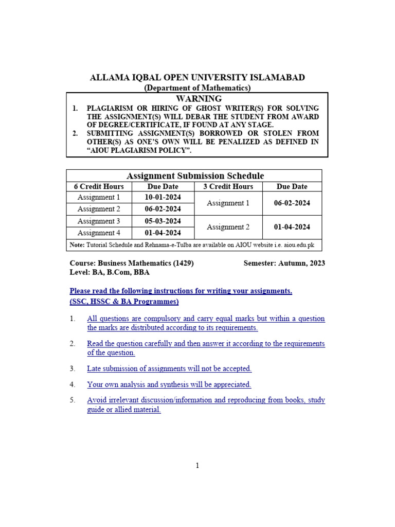 AIOU Business Math Assignment Guide | PDF | Matrix (Mathematics ...
