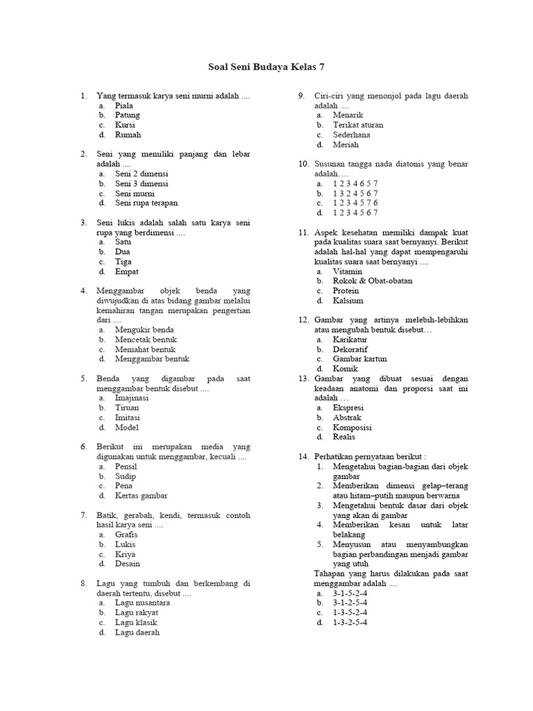 Soal PAS Seni Budaya Kelas 7 | PDF