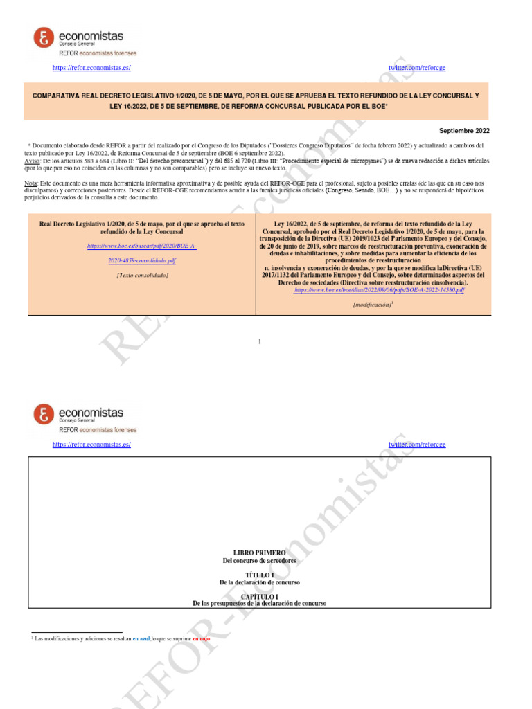 Comparativa TRLC y Ley 16 2022 Concursal | PDF | Liquidación | Pagos