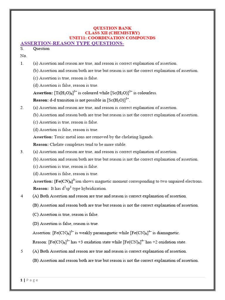 Assertion Reason - Coordination Compounds | PDF | Coordination Complex | Ligand