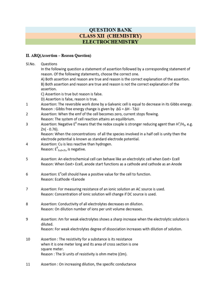 Assertion Reason - Elctrochem | PDF | Electrochemistry | Cathode