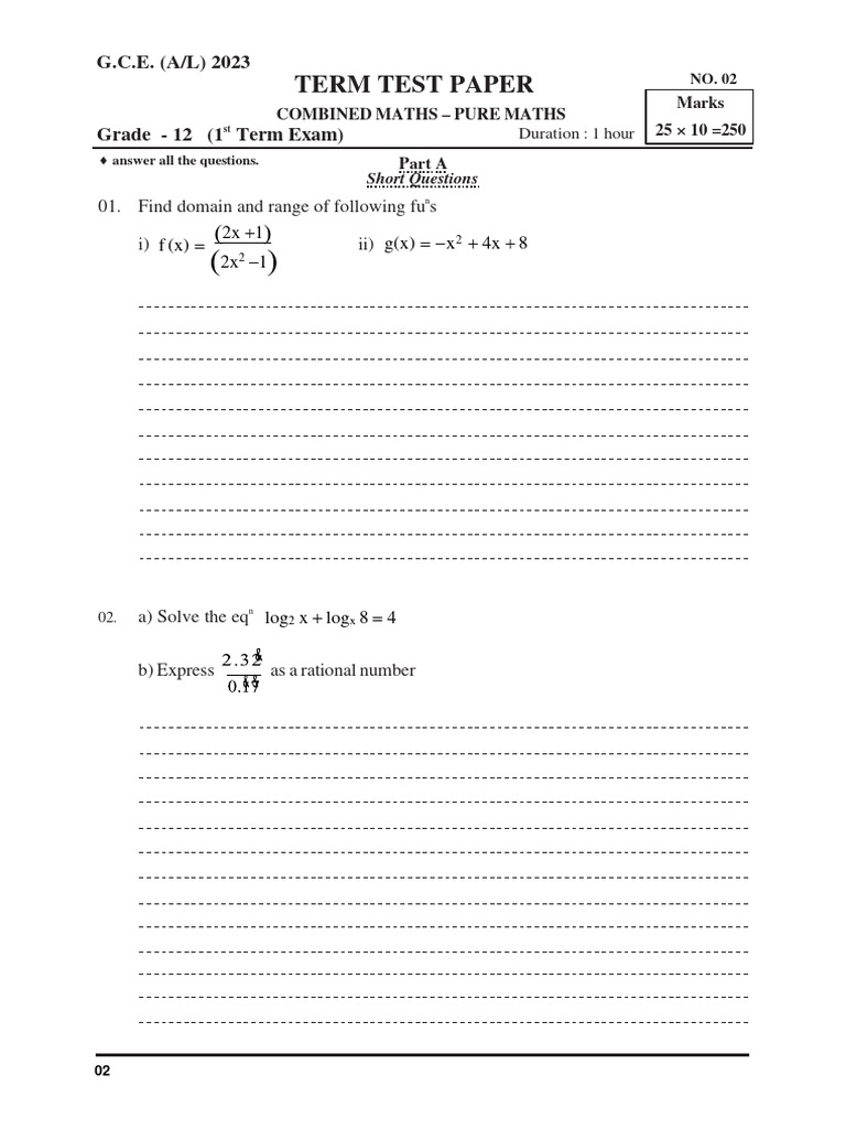 Sri Lanka Grade 12 Combined Mathematics 2023 1st Term Test Paper ... Sri Lanka Grade 12 Combined Mathematics 2023 1st Term Test Paper ...