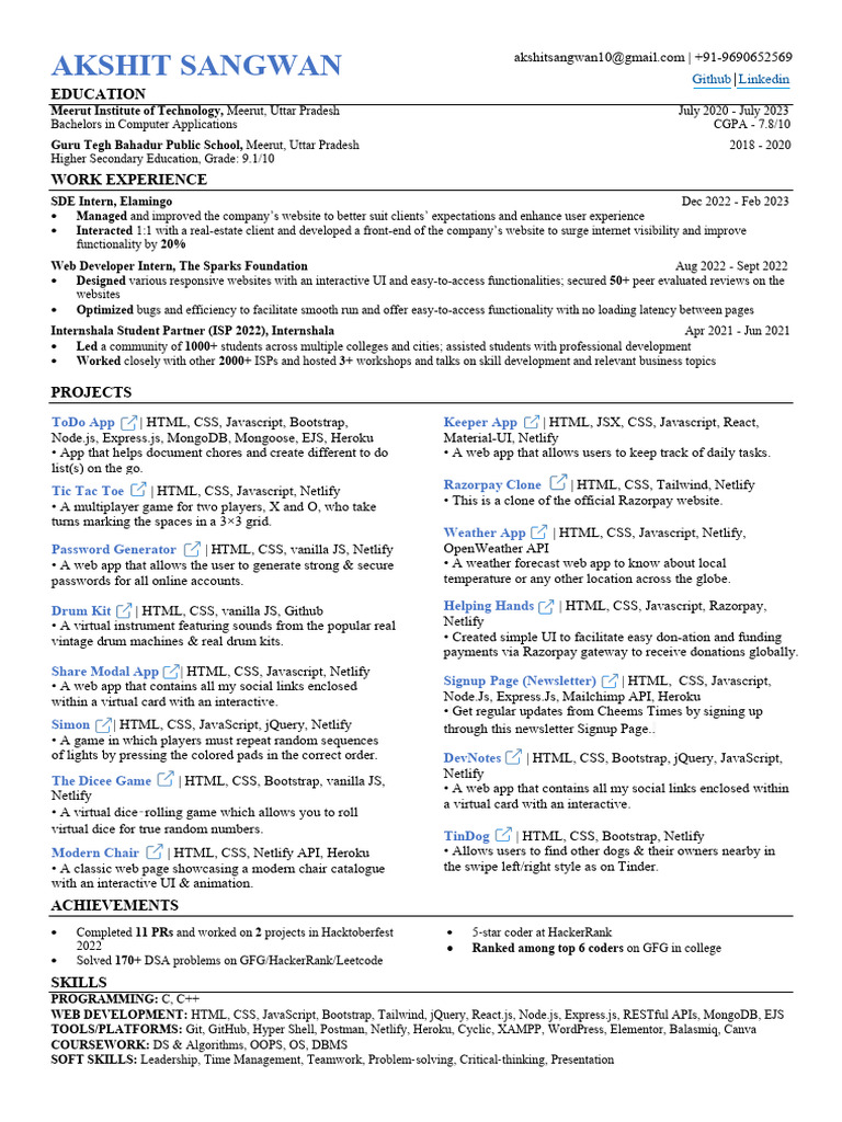 Akshit Sangwan-Resume | Download Free PDF | Java Script | Bootstrap (Front End Framework)