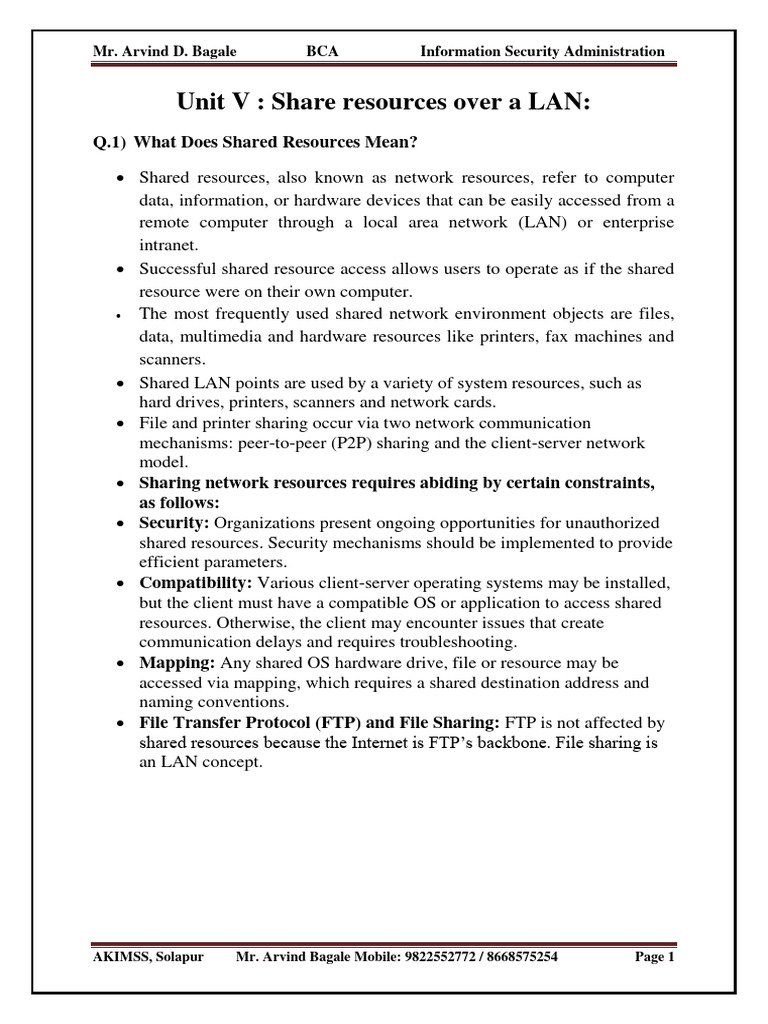 Unit V: Share Resources Over A LAN:: Q.1) What Does Shared Resources ...