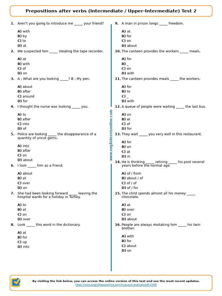 Prepositions After Verbs Test 2 | PDF | Linguistics